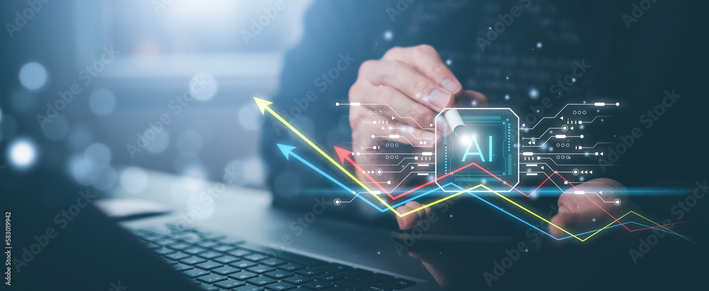 Programmer people working laptops or smartphones with AI, artificial intelligence software ...