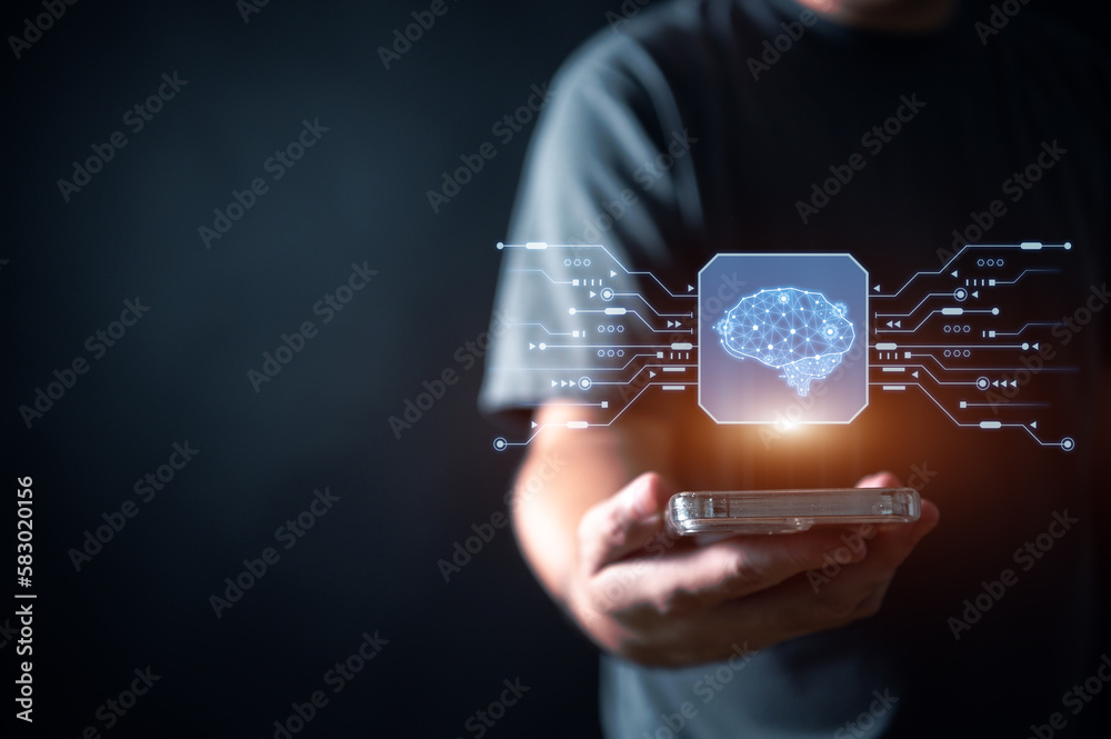 Hand using mobile phone and human brain head network technology for ...