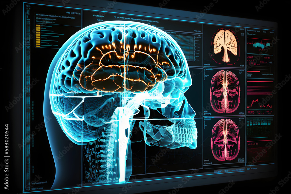 Patient's brain scan results on screen, DNA mutation, virus detection ...