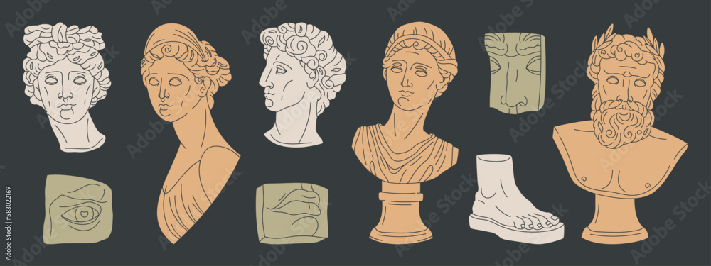 Greek antique sculpture. Classic ancient statues, marble heads and body ...