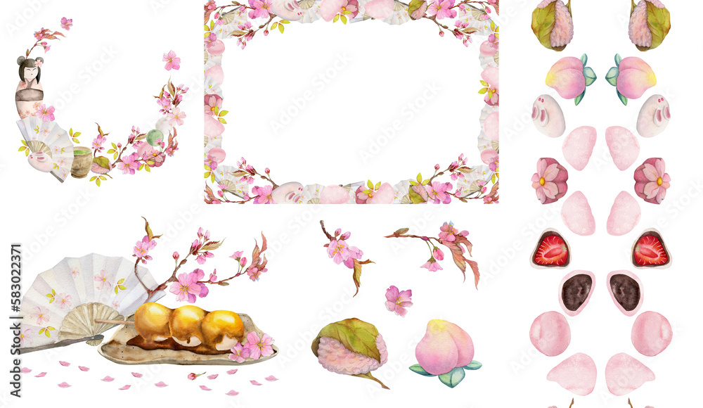 Watercolor hand drawn traditional Japanese sweets. Set of compositions ...