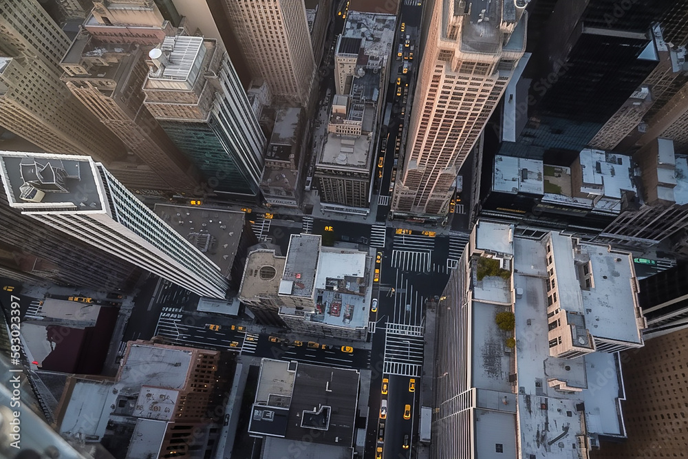 Bird's eye view of city looking down at people and yellow taxi cabs ...