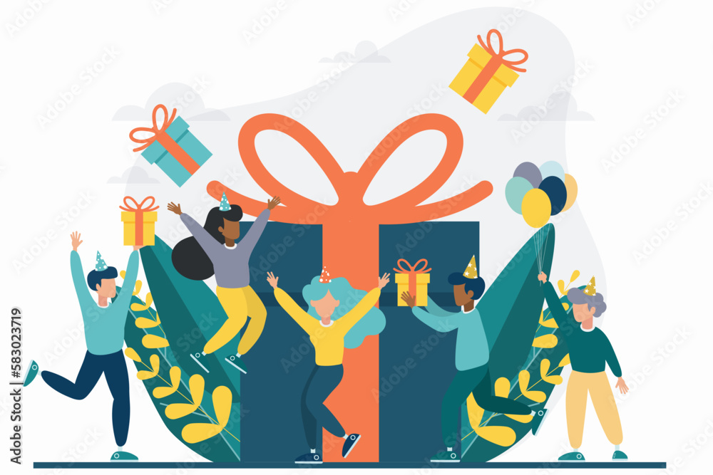 Happy friends making birthday party surprise flat vector illustration ...