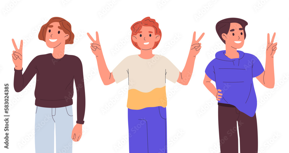 Men with peace sign. Cheerful male characters showing peace sign. Body ...