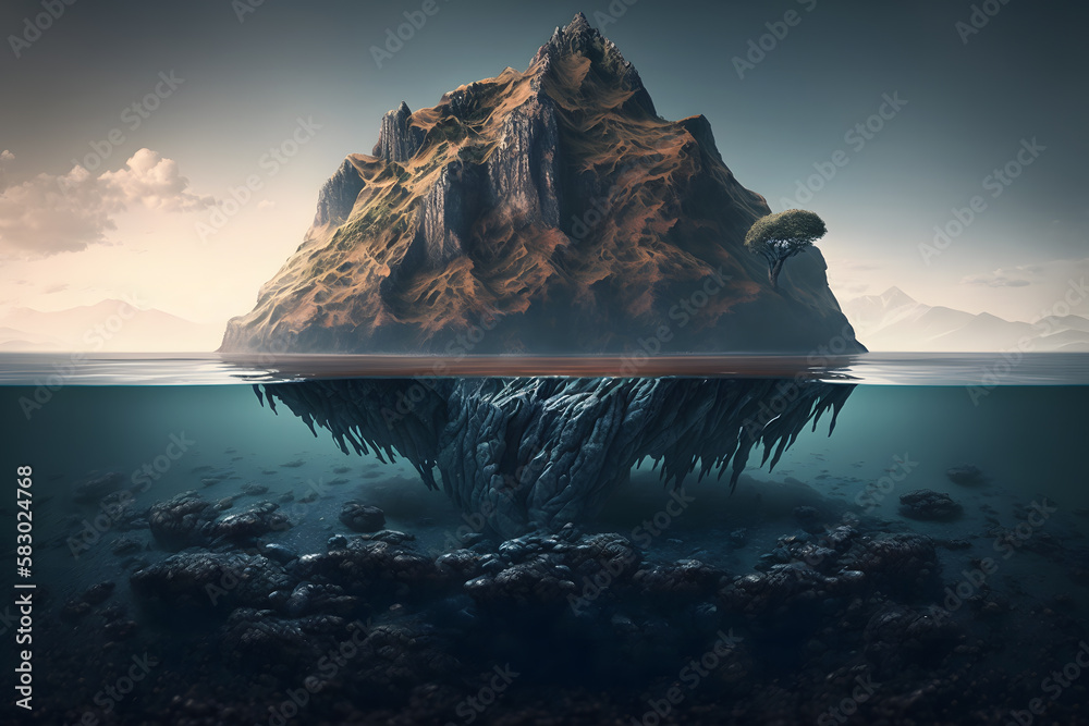 Idyllic underwater view of lone small island above and below the water ...