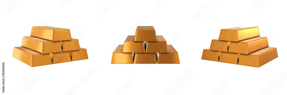 gold ingots stack on transparent background, left, front and right view ...