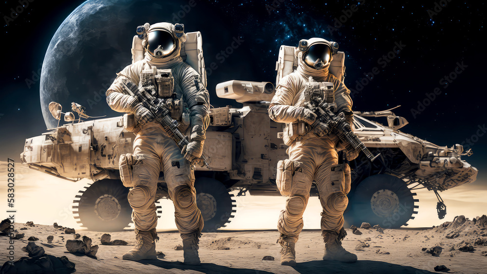 Futuristic space army with soldiers and vehicles on moon. Concept art ...