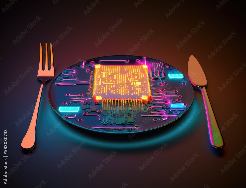 Cyber food on plate with knife and fork neon glowing, futuristic ...