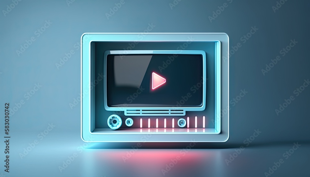 Video player software 3D program on monitor screen neon glowing, modern ...