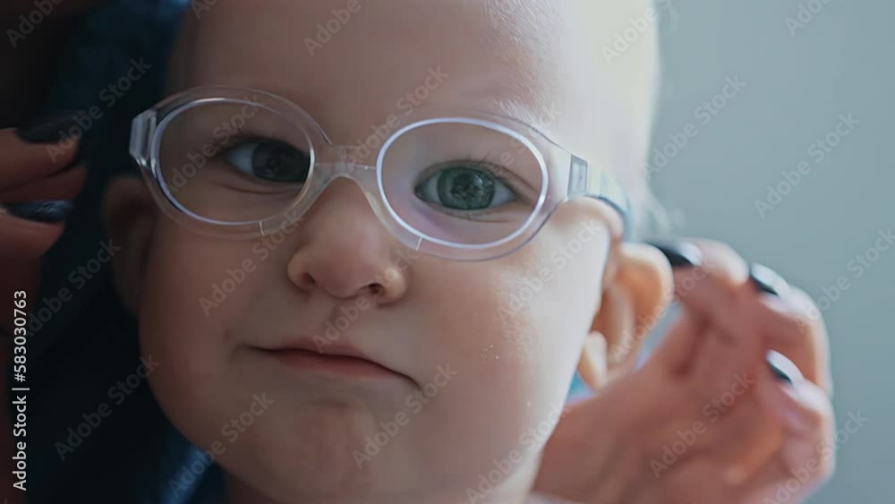 One year old infant with strabismus and glasses looks at camera and ...