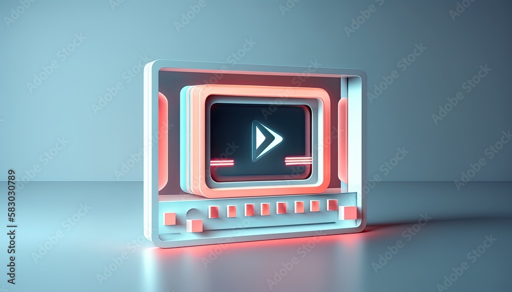 Video player software 3D program on monitor screen neon glowing, modern ...