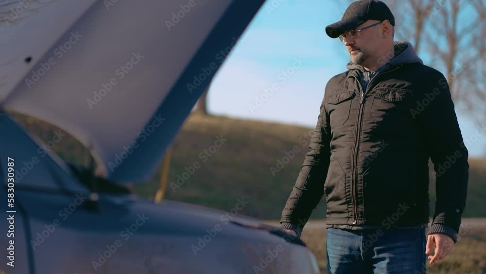 Man standing next to broke down car, looking down at engine in ...
