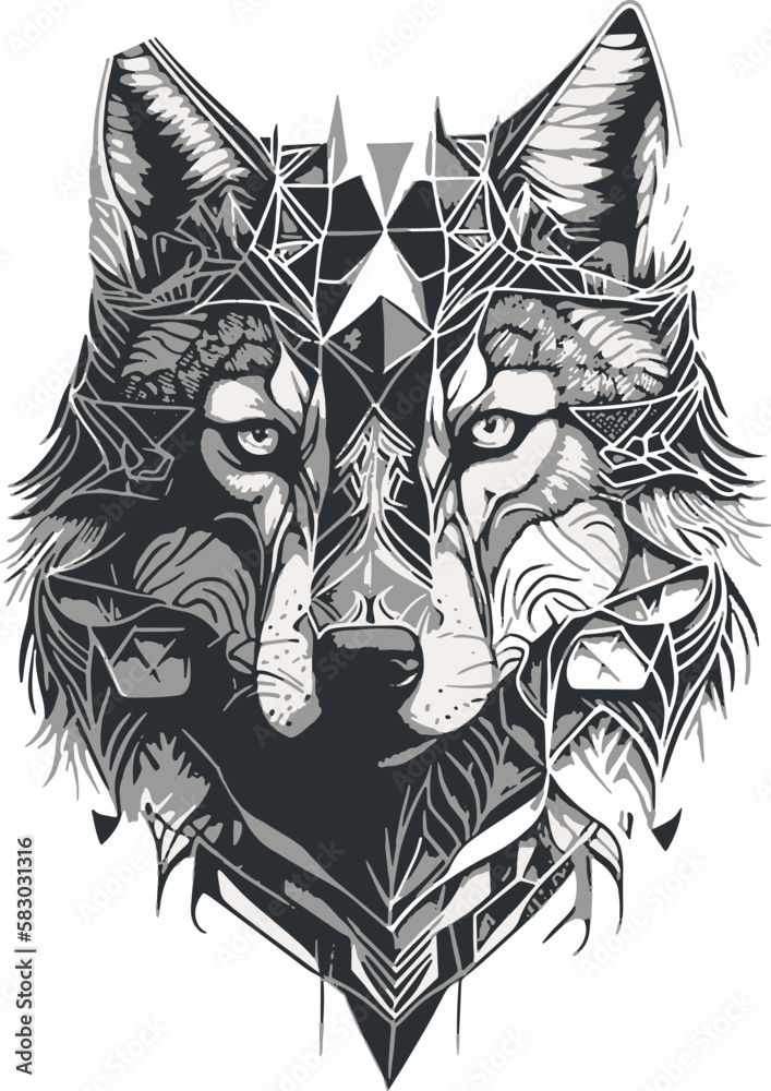 Vector drawing. Black and white drawing of a creative wolf, for your ...