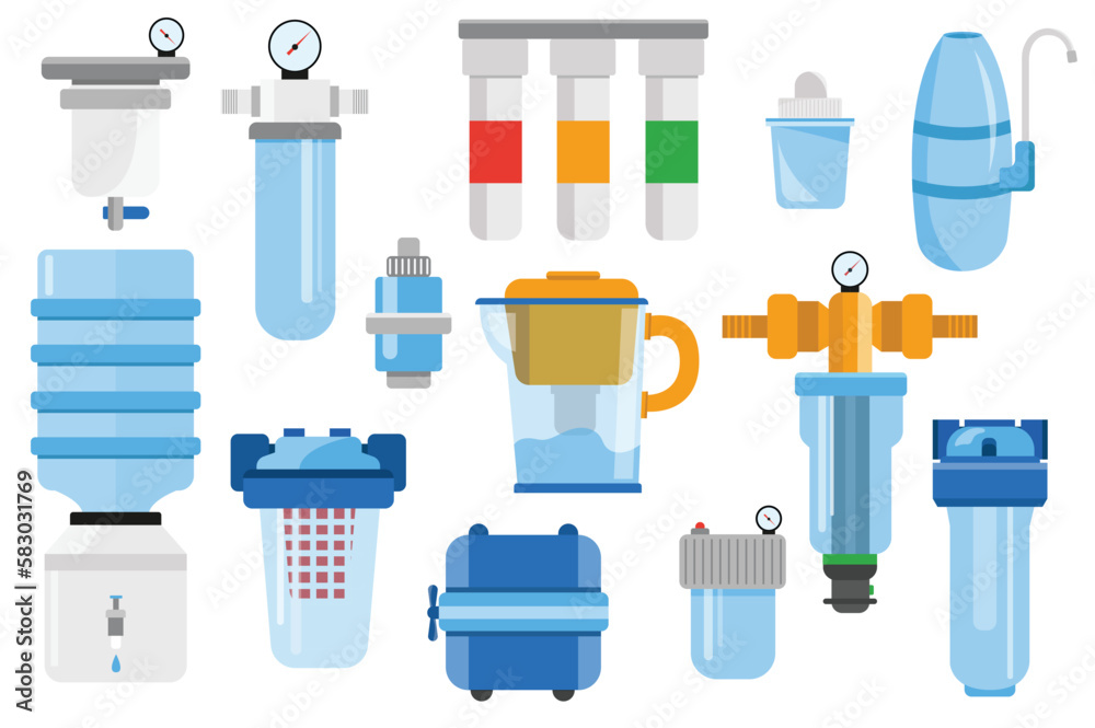 Water filters set icons concept in the flat cartoon design. Image of ...