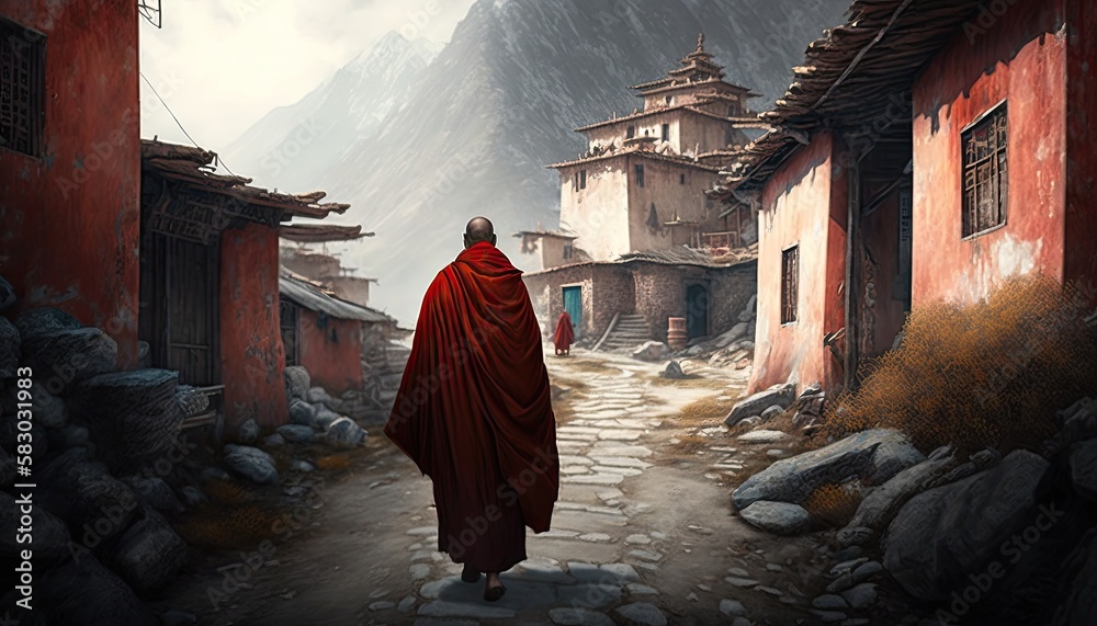 Tibetan monk in red robe walking on path among mountain village rear ...