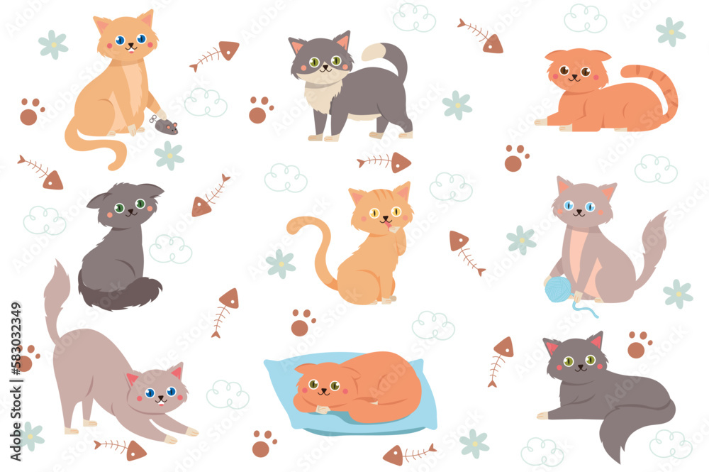 Cute cats set icons concept in the flat cartoon style. Cute cats ...