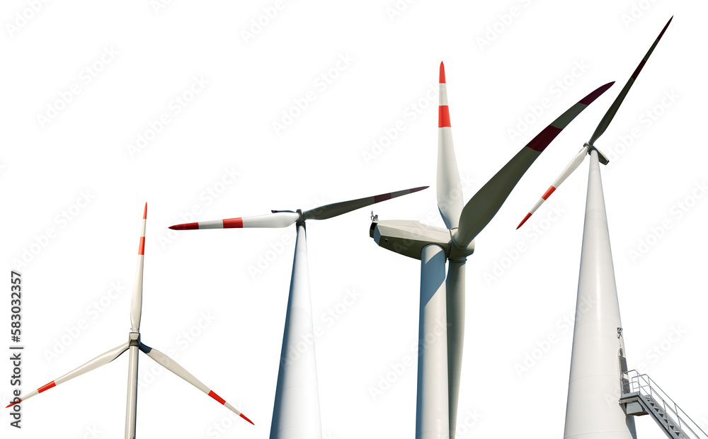 Collection of four white and red wind turbines isolated on white or ...