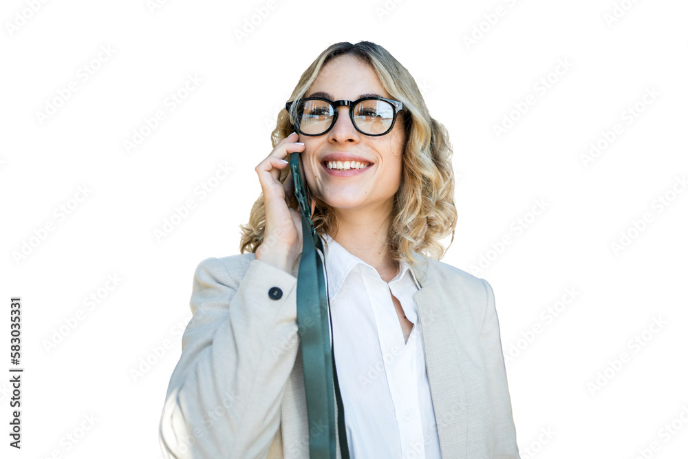 Cheerful female lawyer talking to a client on the phone, transparent ...
