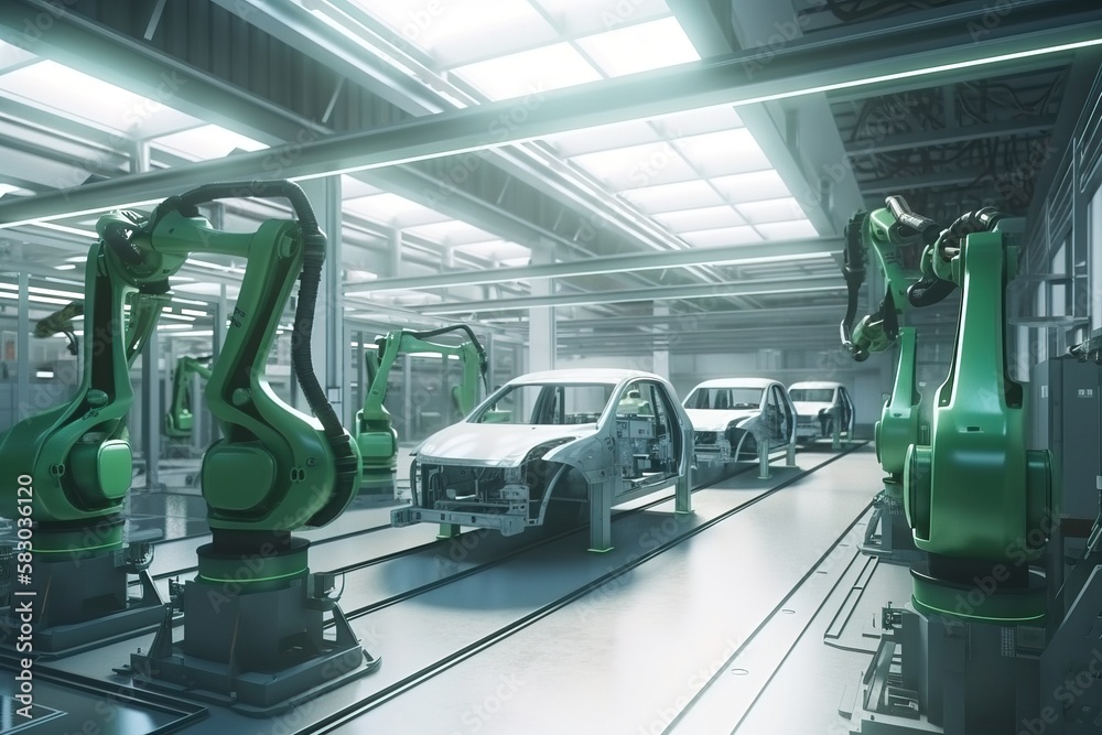 Automated Robot Arm Assembly Line Manufacturing High-Tech Green Energy ...