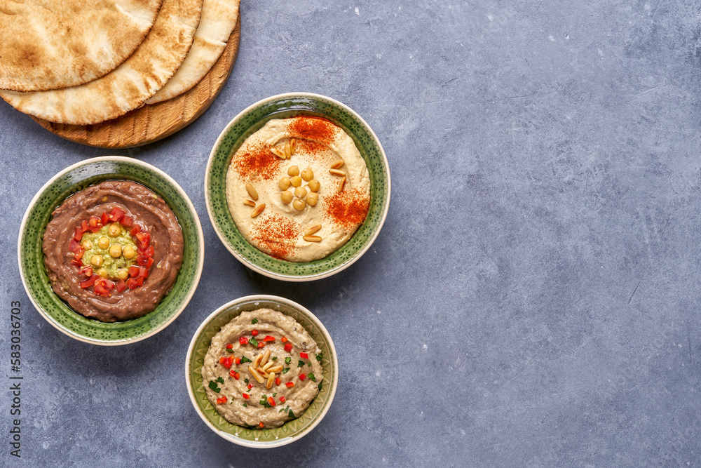 Middle eastern, arabic traditional breakfast with hummus, foul and baba ...