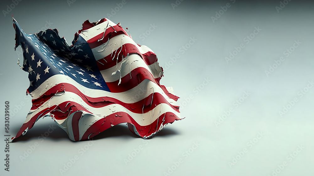 American decadence concept. Ragged piece American flag over grey ...