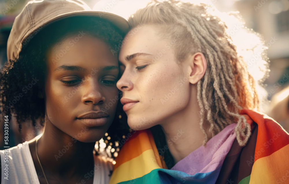 Lgbt love concept. Loving interracial couple of an african american and ...