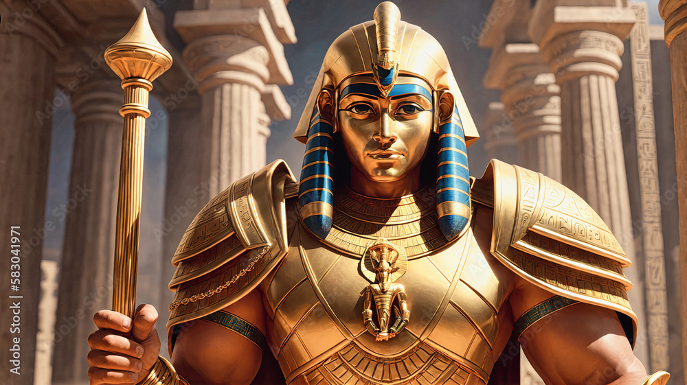 illustrational view of strong muscle ancient Egyptian warrior in golden ...