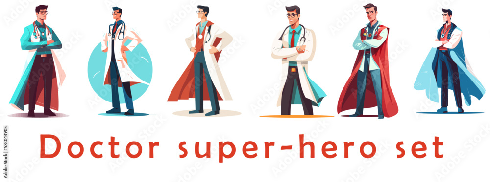 Set of illustrations of Doctor super-hero in a medical uniform ...