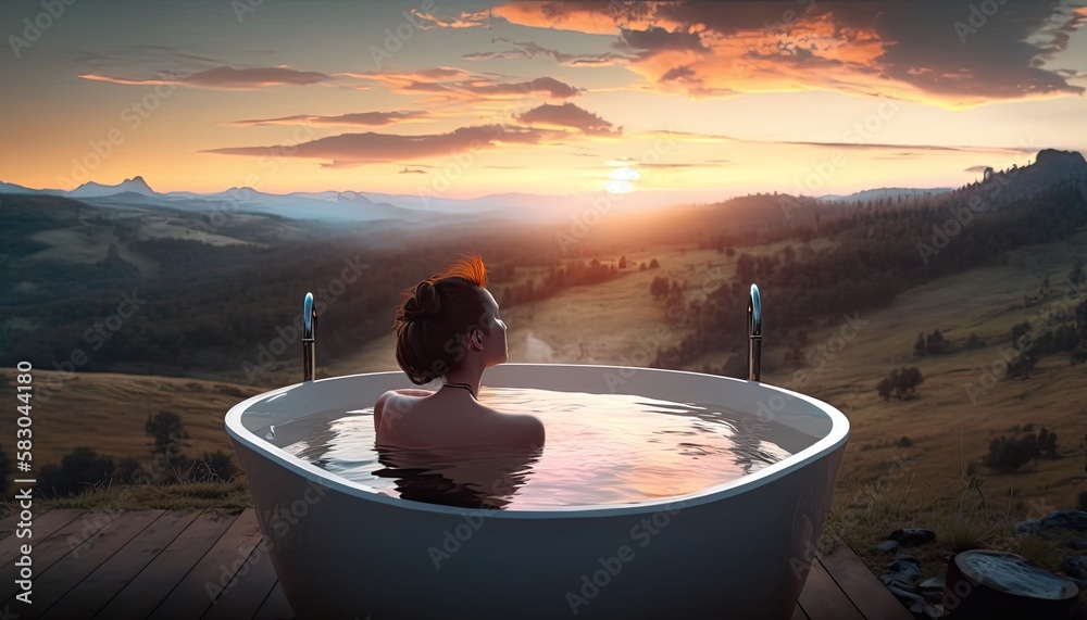 Young woman take bath outdoor at sunset, girl rear view to nude back ...