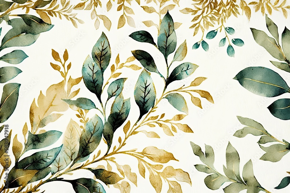 watercolor floral pattern with green and gold leaves Stock Illustration ...