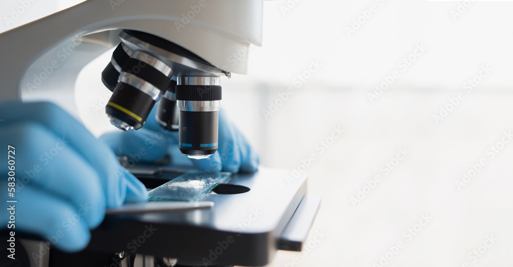 Medical laboratory, scientist hands using microscope for examining ...