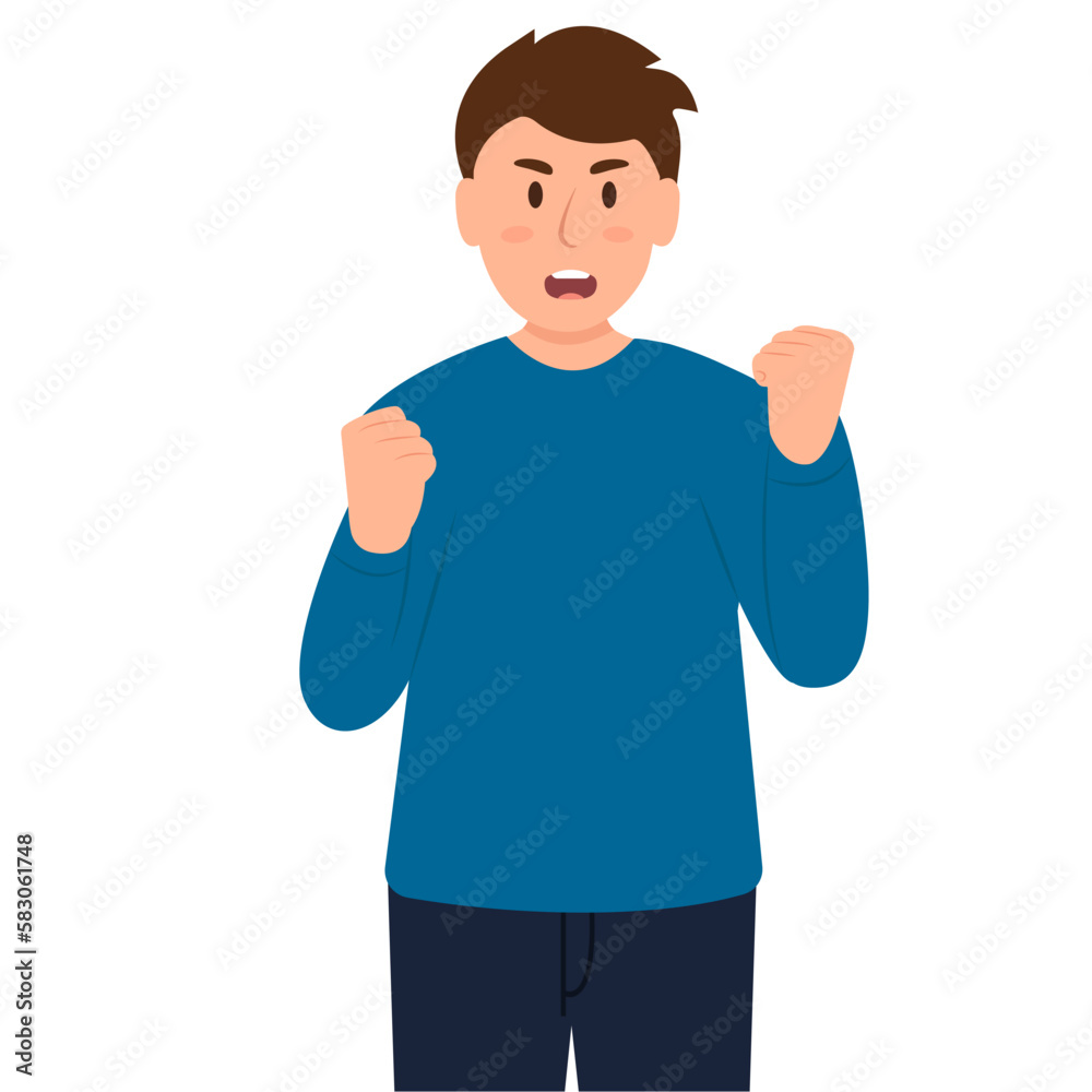 Angry man raised his fists and screams. The guy expresses negative ...