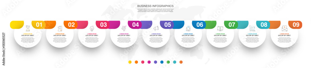 Vector infographic design template. Modern timeline concept with nine ...