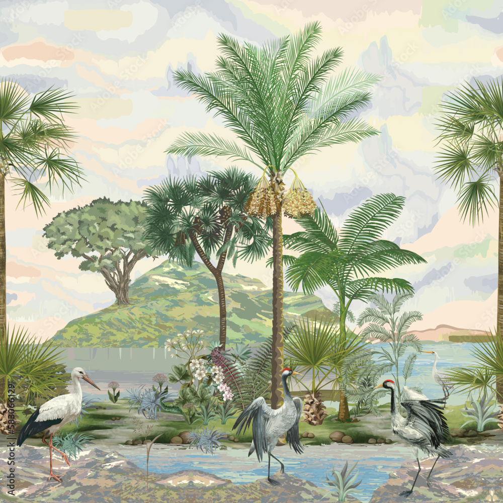 Forest landscape with lake, mountain, palm tree, plant, bird, stork ...