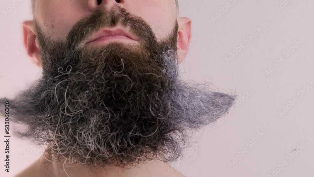 close-up male face, young bearded and mustachioed crazy man laughs ...