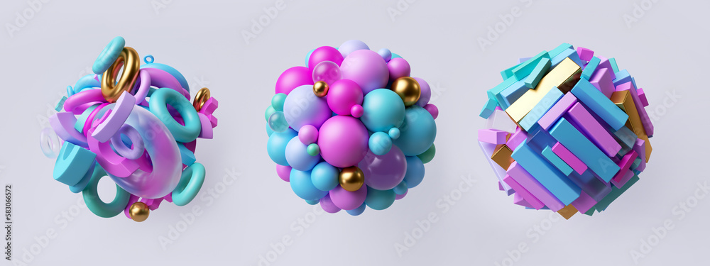 ภาพประกอบสต็อก 3d render, abstract geometric shapes, colorful balls ...