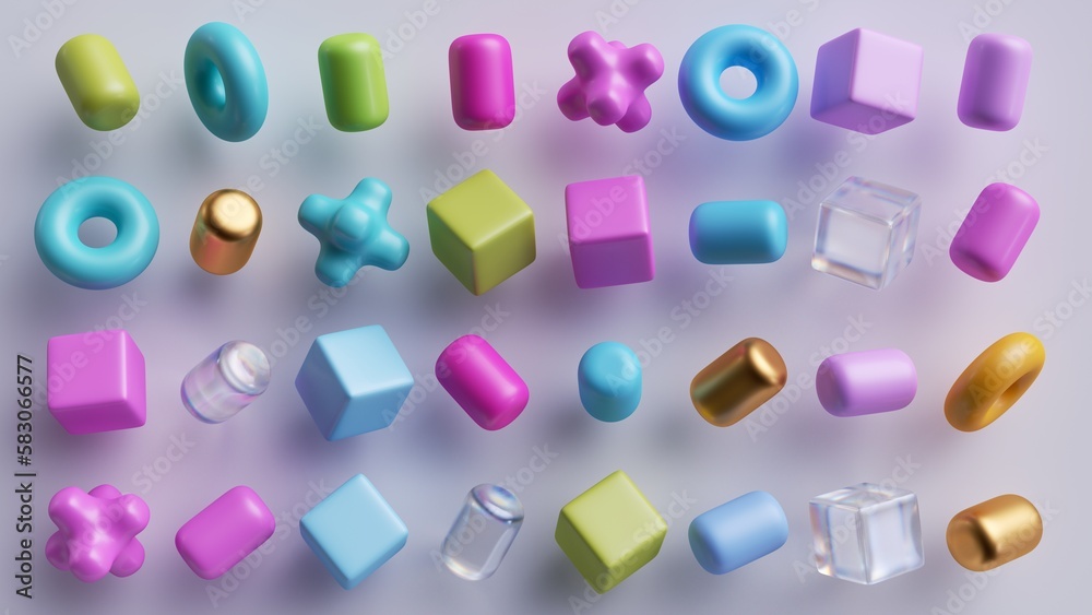 3d render, collection of abstract colorful geometric shapes isolated on ...