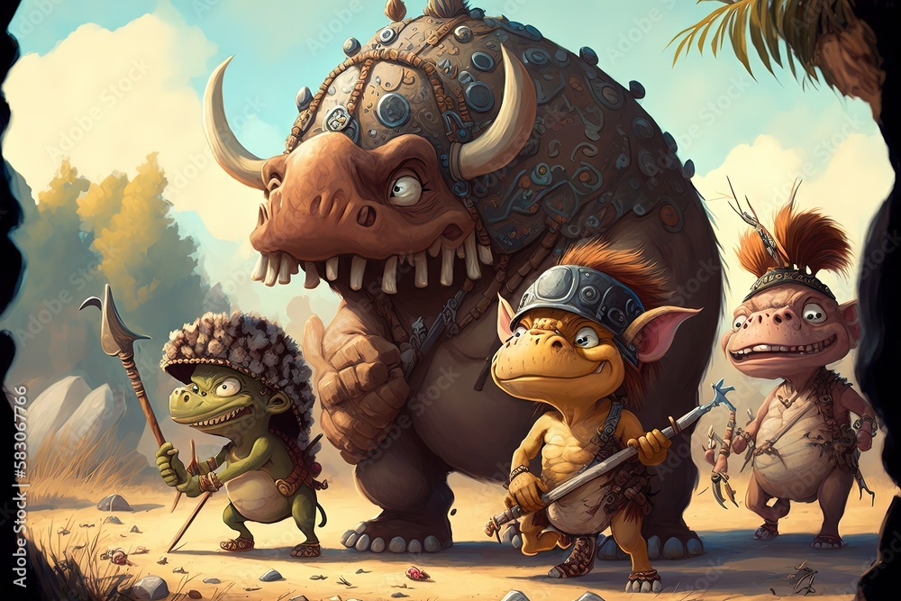 Cartoon drawing illustration, stone age era.Funny characters ...