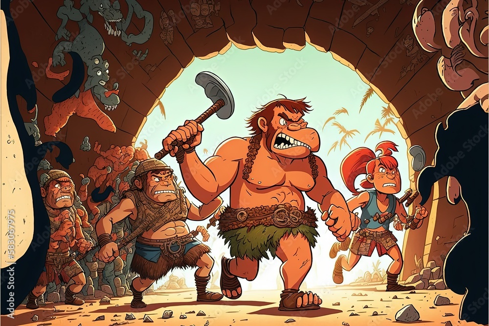Cartoon drawing illustration, stone age era.Funny characters ...