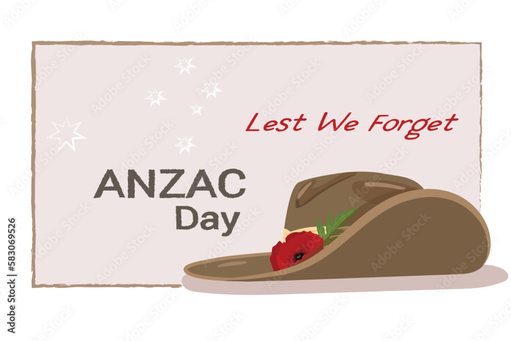 Anzac day Lest We Forget army slouch hat with red poppy flower on ...