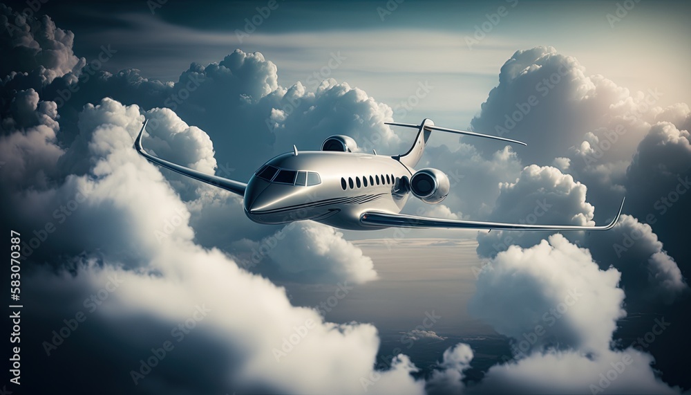 Jet flying through volumetric clouds on sunrise generate ai Stock ...