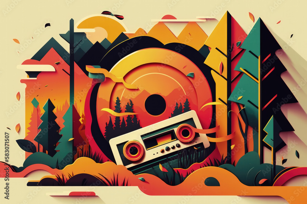Flat retro design: Vintage music player, big record, and musical mood ...