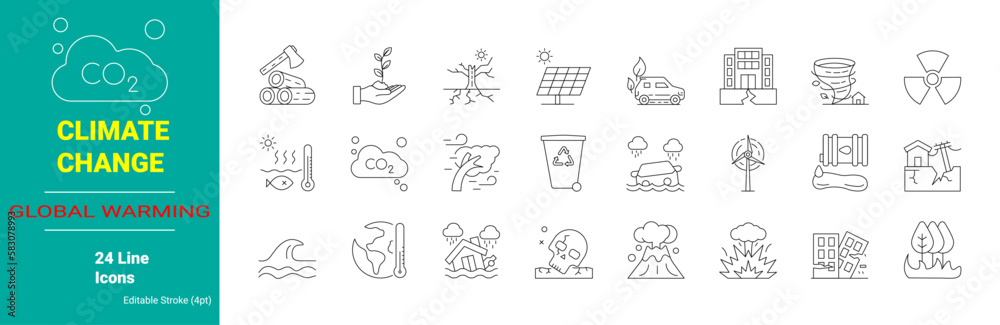 Set of climate change line icons for web. Catastrophe, cataclysm ...