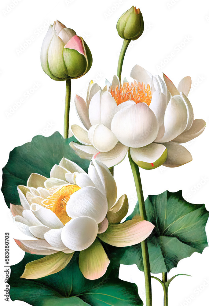 White lotus flower drawing isolated on white background. Watercolor ...