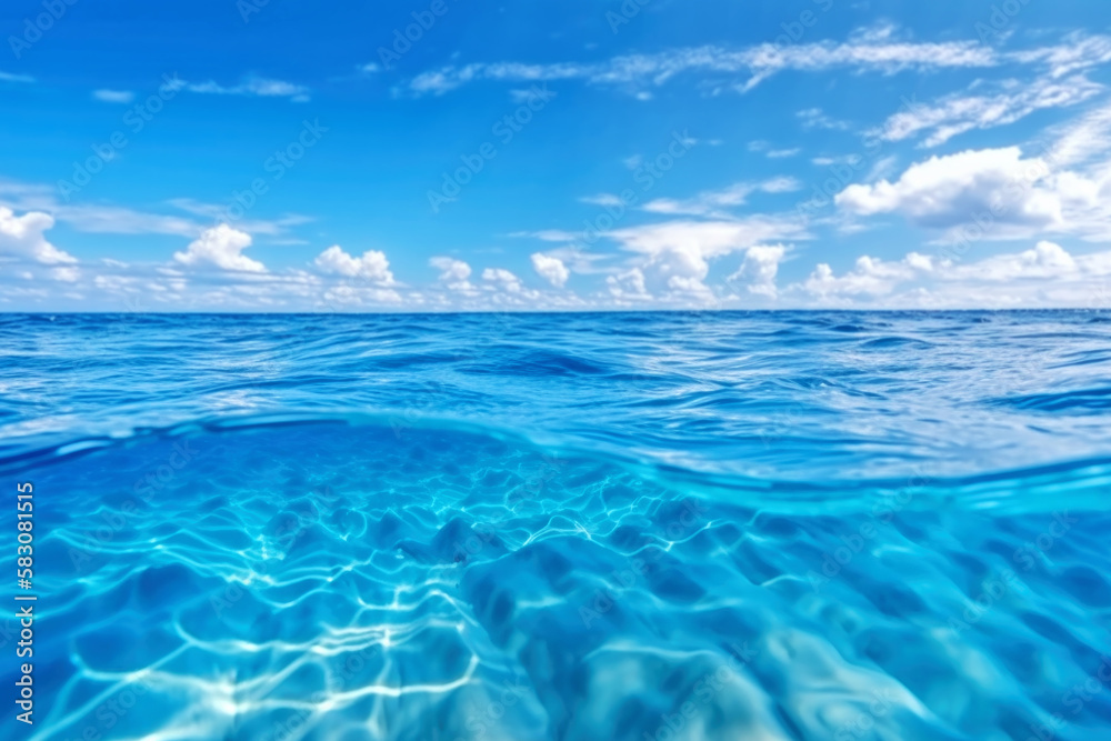 Blue sea ocean water surface and underwater with sunny and cloudy sky ...