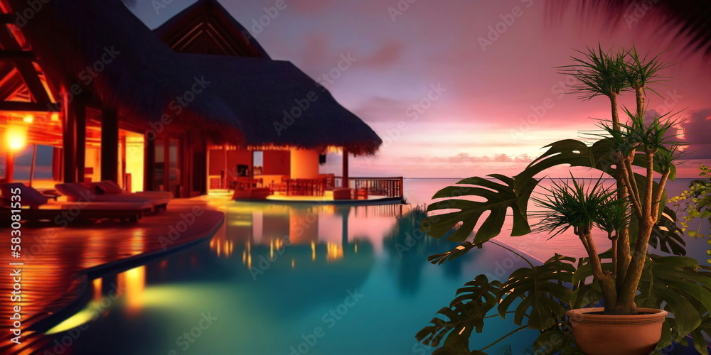 night resort tropical palm and straw bungalow green blue pool water ...