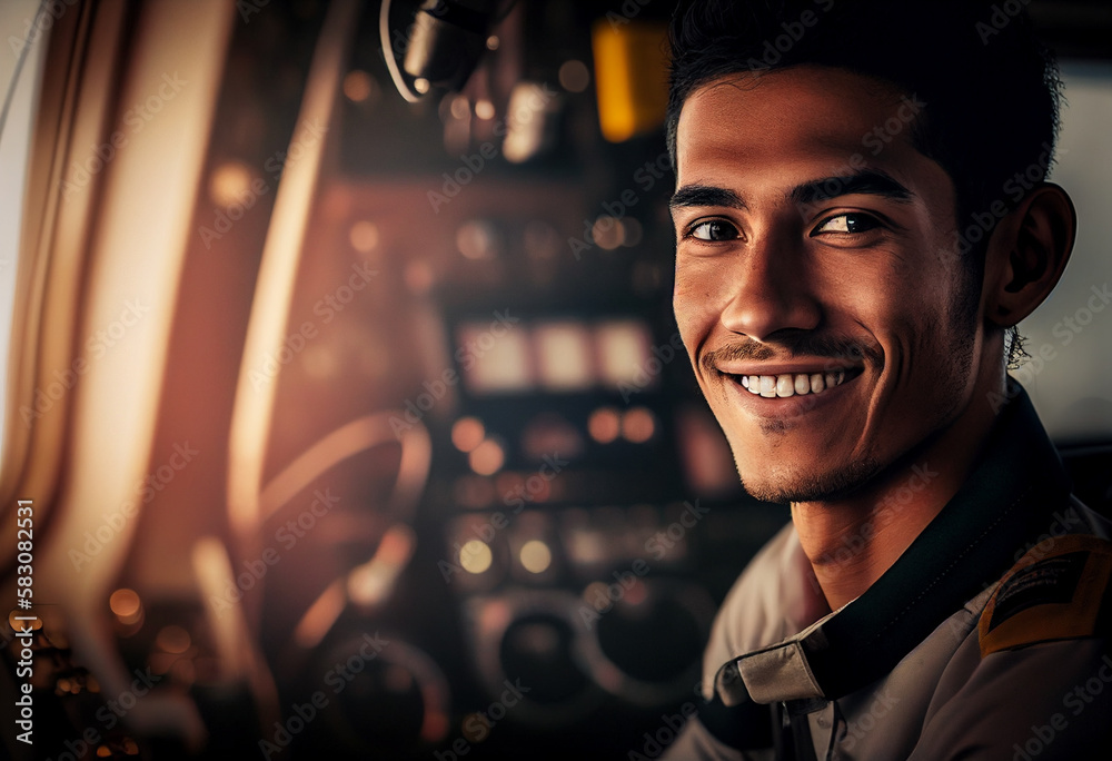 Portrait of handsome smiling young man pilot the captain of the plane ...