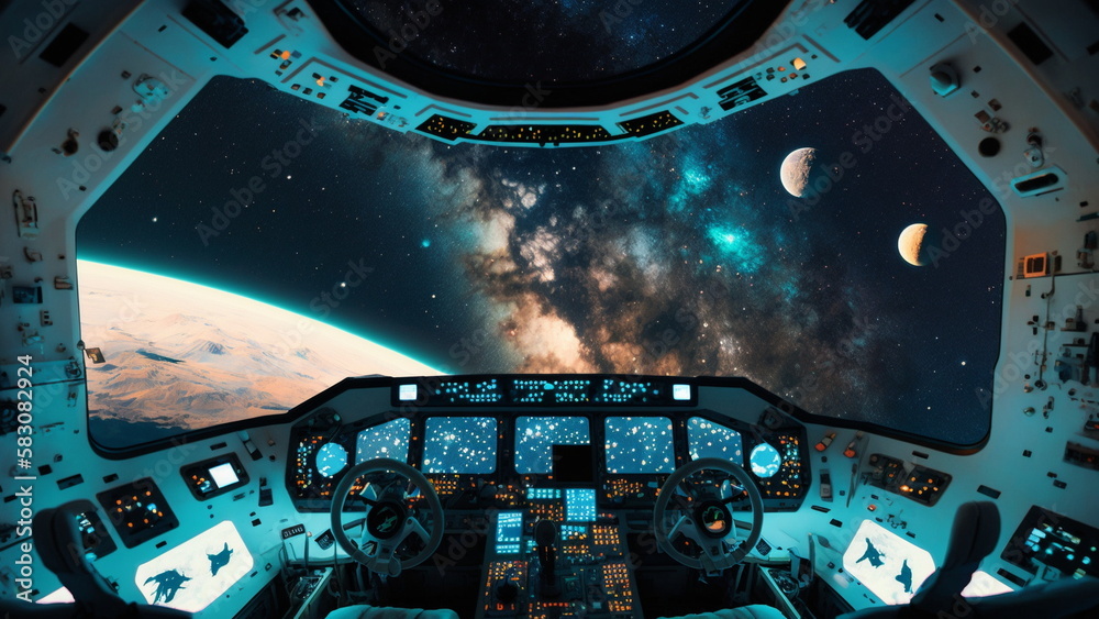 Spaceship, view of planet earth from a space station with Generative AI ...