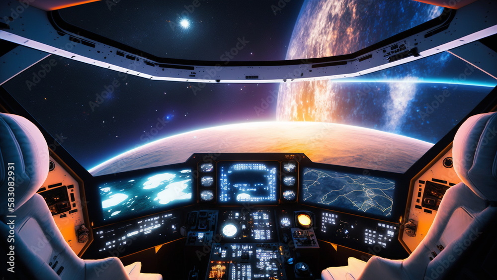 Spaceship, view of planet earth from a space station with Generative AI ...