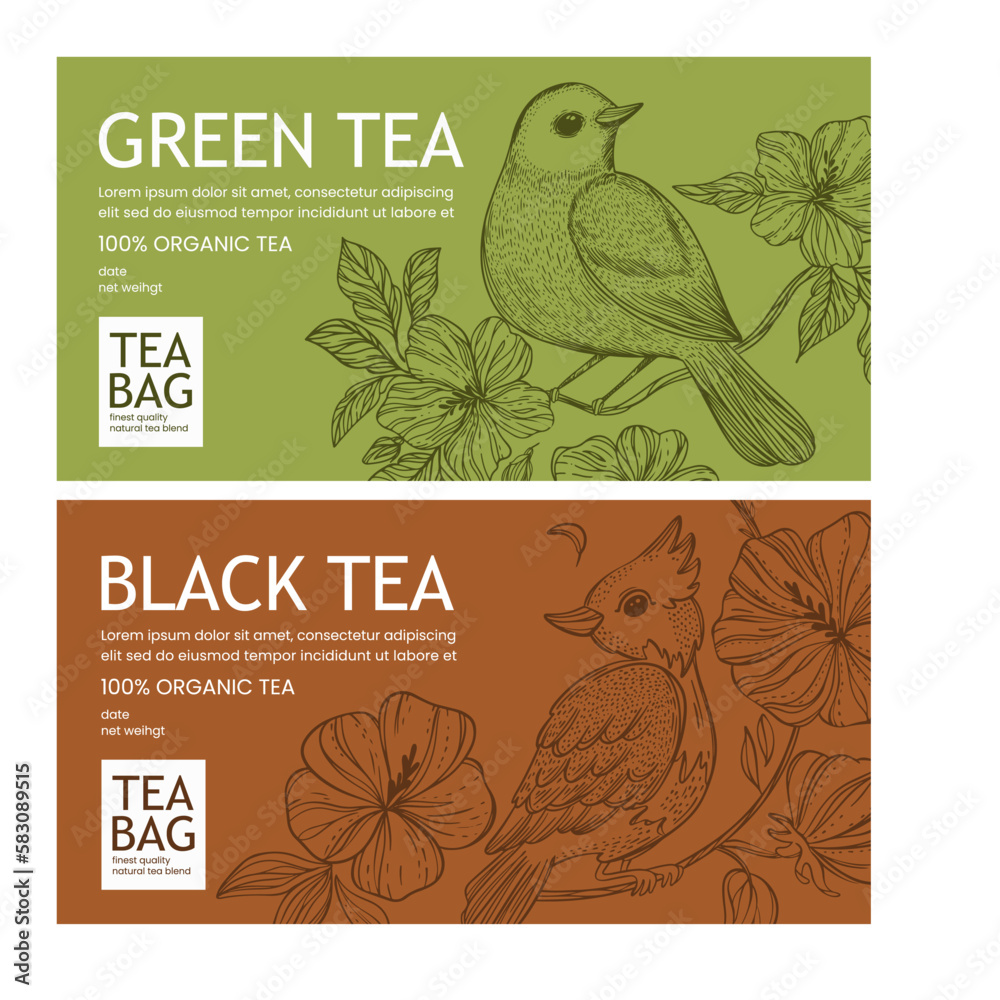 TEA PACKAGE WITH BIRD And Hibiscus Flower In Vintage Sketch Style Box ...